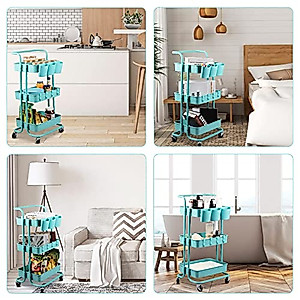 alvorog 3-Tier Rolling Utility Cart Storage Shelves Multifunction Storage Trolley Service Cart with Mesh Basket Handles and Wheels Easy Assembly for Bathroom, Kitchen, Office (Blue)