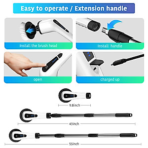 Electric Spin Scrubber, Electric Bathroom Cleaning Brush, LHPY Upgraded Version with 7 Replacement Brush Heads and Extension Handle, Suitable for Cleaning Walls, Floors, bathrooms, Kitchens, Cars