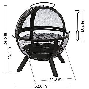 Catalina Creations Heavy Duty Round Fire Pit with Removable BBQ Grill and Mesh Spark Screen Outdoor Wood Burning Firepit Steel Firepit Bowl for Garden Bonfire Camping Picnic - Black
