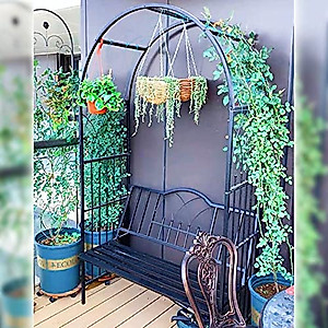 Outdoor Garden Archway with Bench Seat Metal Garden Arbor Trellis Garden Rose Arch 6.9ft x 3.7ft MetalGrape Rose Vines and Indoor Party Decoration (Black 114x210cm/3.7ftx6.9ft)