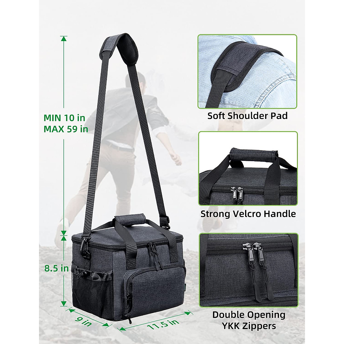 F40C4TMP Lunch Box for Men, Insulated Lunch Bag Large Adults, 12L Reusable Black Lunchbox Cooler Bag for Work Picnic School