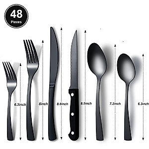 APEO 48 Piece Matte Black Silverware Set with Steak Knives, Stainless Steel Flatware Sets for 8, Satin Polished Cutlery Set for Kitchen, forks spoons and knives set, Dishwasher Safe Utensil Set