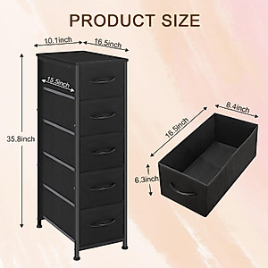 Ebeneze Narrow Dresser with 5 Drawers, Storage Cabinet, Slim Fabric Tower with Wheels, Wood Shelf, Bedroom Organizer Skinny Chest for Small Spaces, Bathroom, Living Room, Laundry, Closet, Black