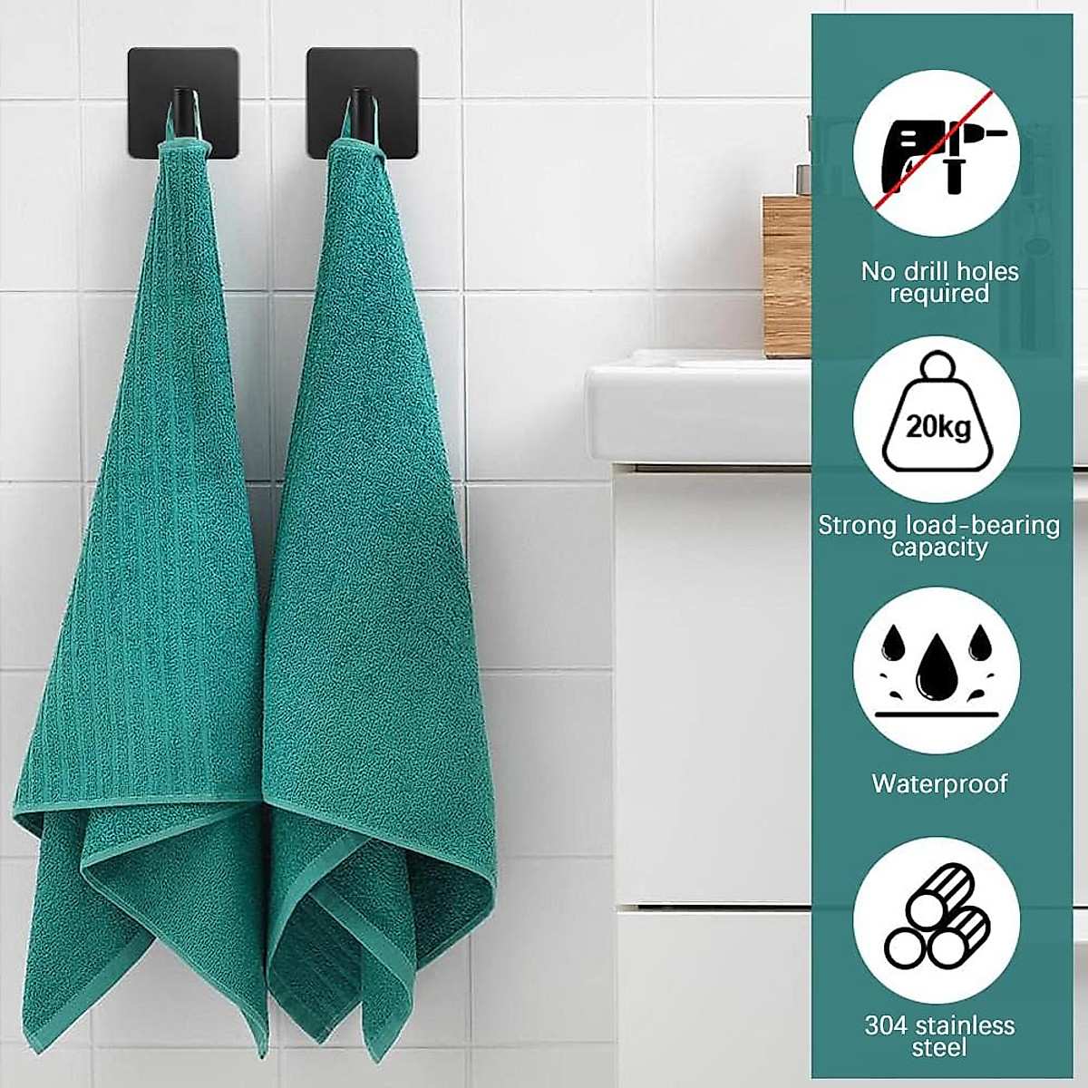 GAOHUI 4 Packs Adhesive Coat Hooks, Black Stainless Steel Sticky Wall Hooks for Hang, Towel Hooks for Bathroom Wall Mounted & Kitchen Accessories