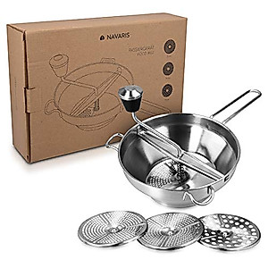 Navaris Stainless Steel Food Mill - Rotary Food Mill Vegetable Strainer Potato Masher Grinder with 3 Milling Discs, 1 Quart Capacity - Dishwasher Safe
