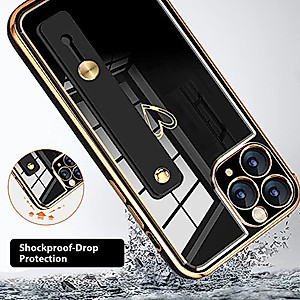 KANGHAR Designed for iPhone 11 Pro Max Case with Wrist Strap Loop Luxury Love Heart Plating Gold Bumper Phone Cover Wristband Kickstand Full Body Protective Slim Case for Women-Black