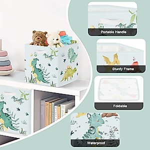 Clastyle 3 Pcs Dinosaur Kid Storage Cube Organizer Set Volcano Dino Closet Clothes Cube Storage Bin Green Nursery Toddler Toy Box Chest Dragon Watercolor Book Shelf Basket