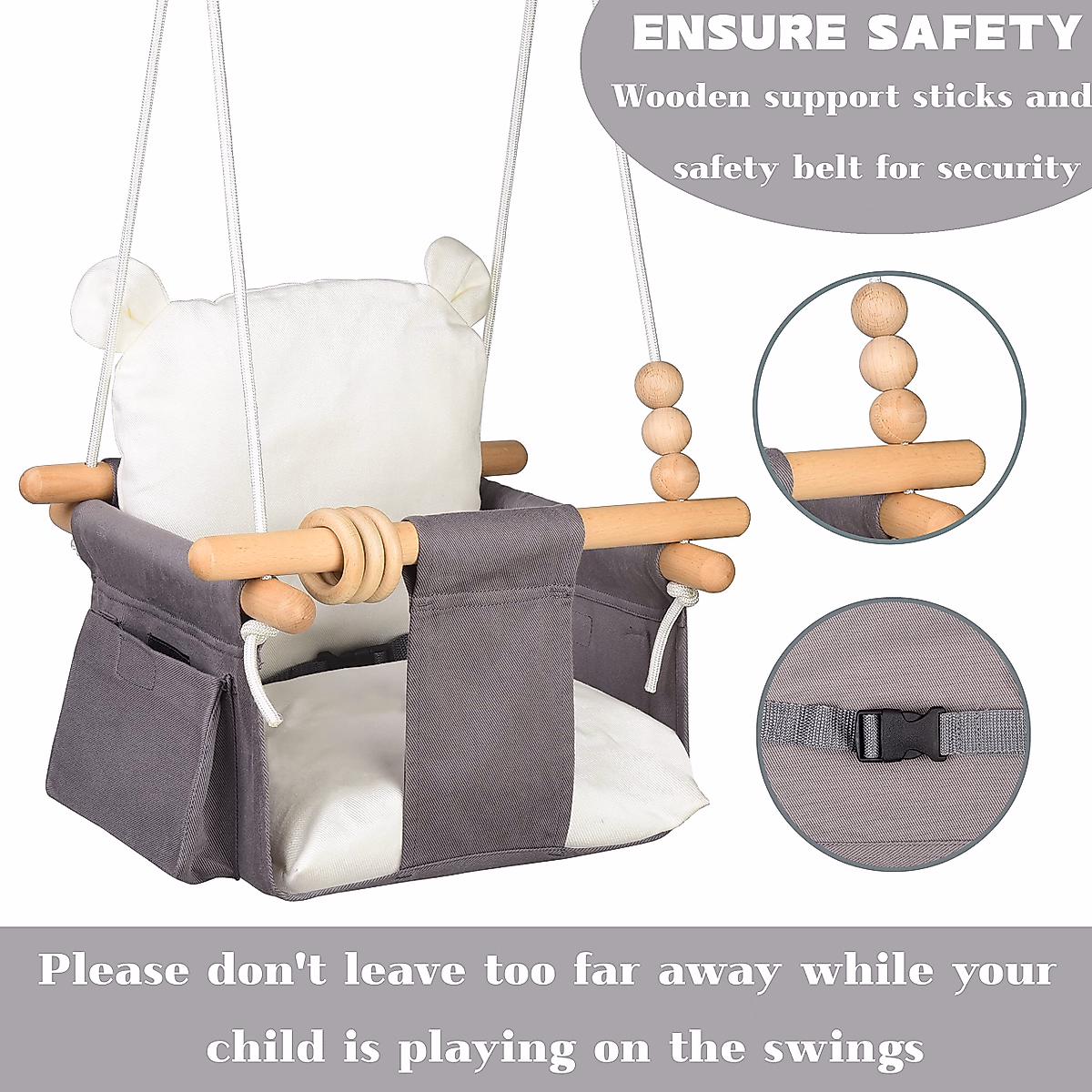 Canvas Baby Hanging Swing Baby Hammock Swings with 2 Side Pockets Safety Belt & Cotton Cushion Seat Infant Baby Swing Fabric Toddler Porch Swing Outside Hanging Baby Tree Swingoor Swings