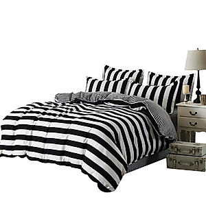 UKELER Black and White Striped Duvet Cover Set Modern Luxury Cotton Queen Bedding, 4 Pieces