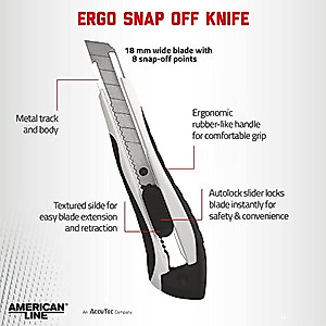 American Line 8-Point 18mm Retractable Snap-Off Knife with Auto-Locking Slider and Smart Grip Ergonomic Handle - Includes 3 Heavy-Duty Blades - 66-0397