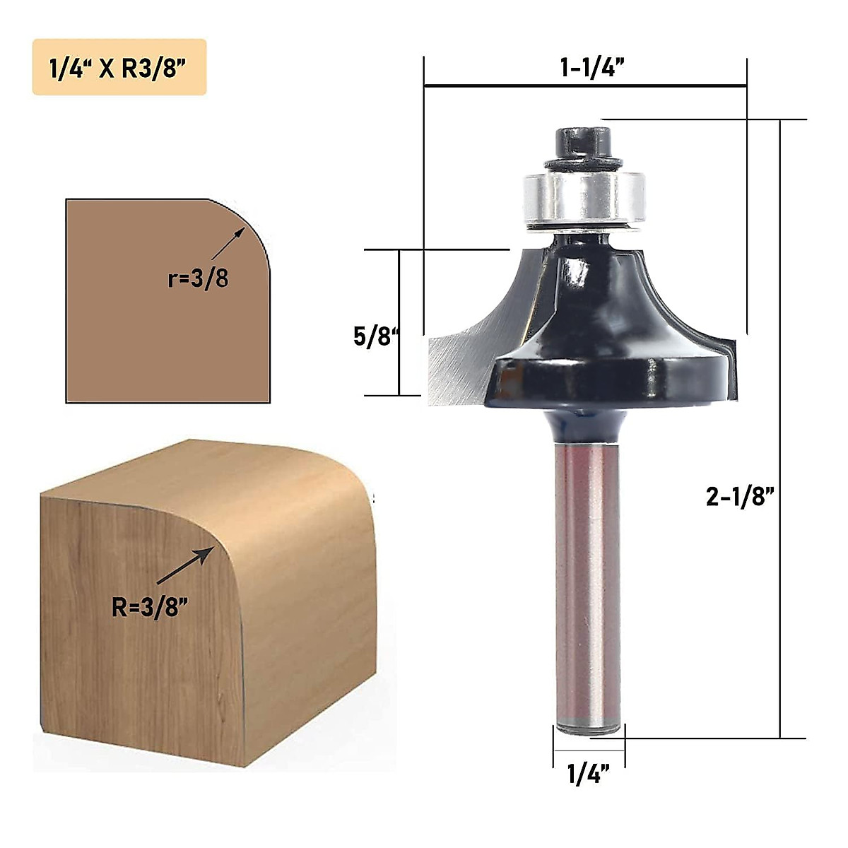 SICWOOD 4pcs Round Over Router Bits 1/4 Shank - Roundover Router Bit Set, Carbide Corner Rounding Edge-Forming Bit, Bearing Guide for Rounding Trim Radius 1/8", 1/4", 3/8", 5/16"…