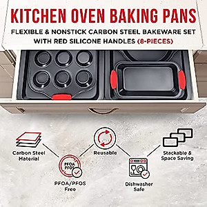 Baking Set – 8 Piece Kitchen Oven Bakeware Set – Deluxe Non-Stick Black Coating Inside and Outside – Carbon Steel – Red Silicone Handles – PFOA PFOS and PTFE Free by Bakken