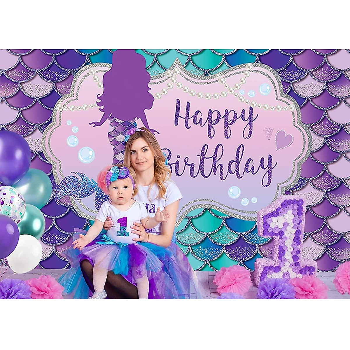 Maijoeyy 7x5ft Mermaid Birthday Backdrop Glitter Blue Purple Mermaid Scales Photography Background Under The Sea Mermaid Princess Birthday Party Banner Decorations