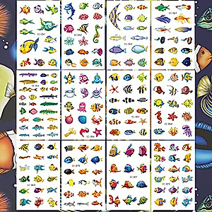 Ooopsiun Ocean Animals Temporary Tattoos for Kids - 12 Sheets Ocean Fish Birthday Party Decorations Supplies Favors for Boys Girls