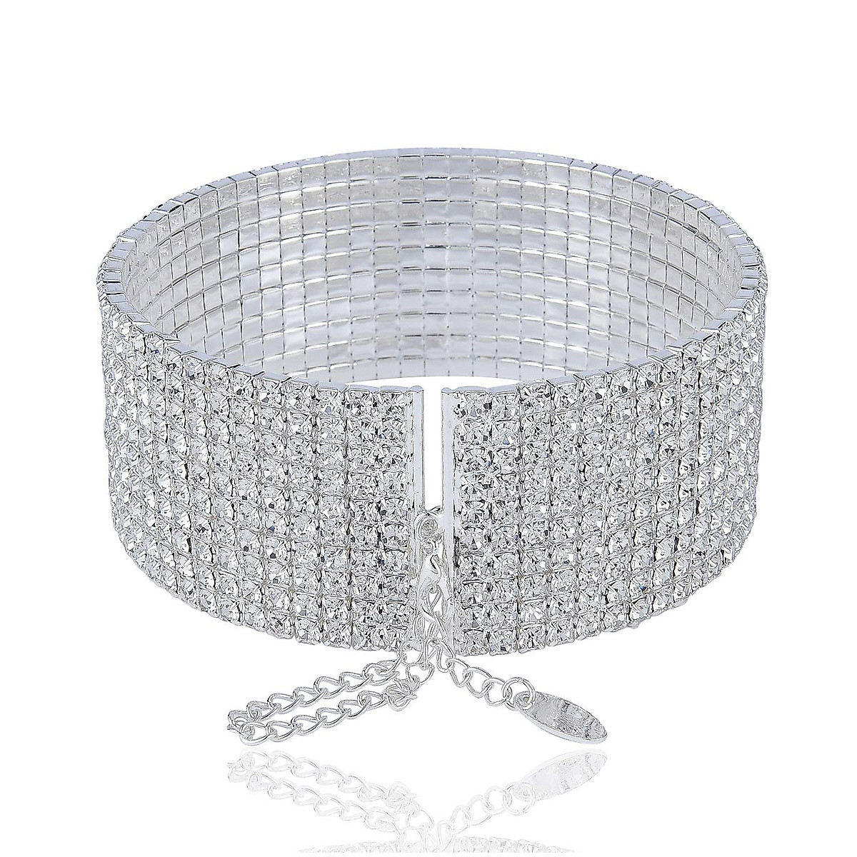 10-Row Clear Austrian Crystal Rhinestone Choker Necklace Silver Party WED N088 (10 Row Silver)