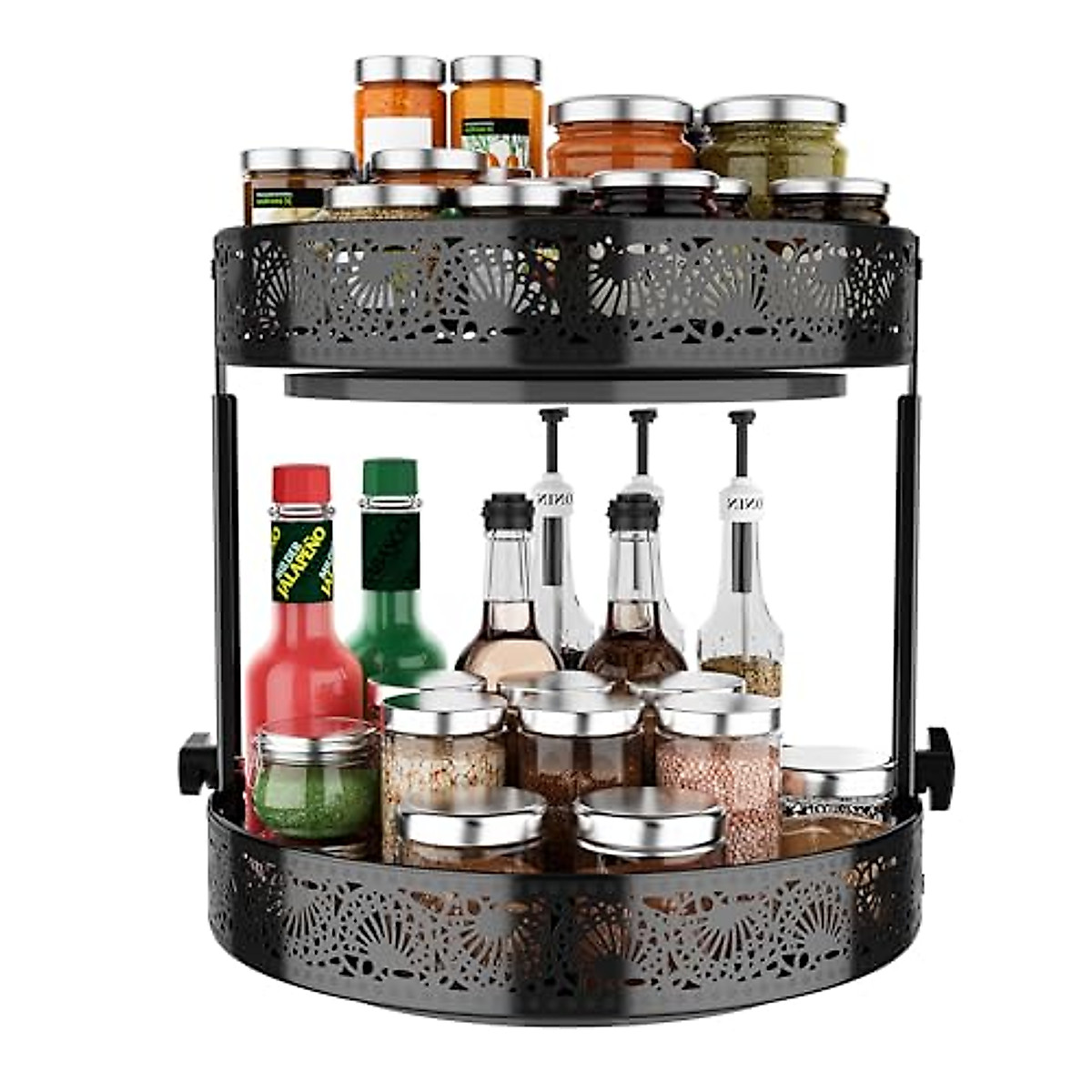 2 Tier Lazy Susan Organizer, 2 Pack 11&12 Inch Lazy Susan Turntable for Cabinet Table, MESHDO Height Adjustable Cabinet Organizer Spice Rack with Non-Slip Pad for Kitchen Bathroom Pantry(Metal, Black)