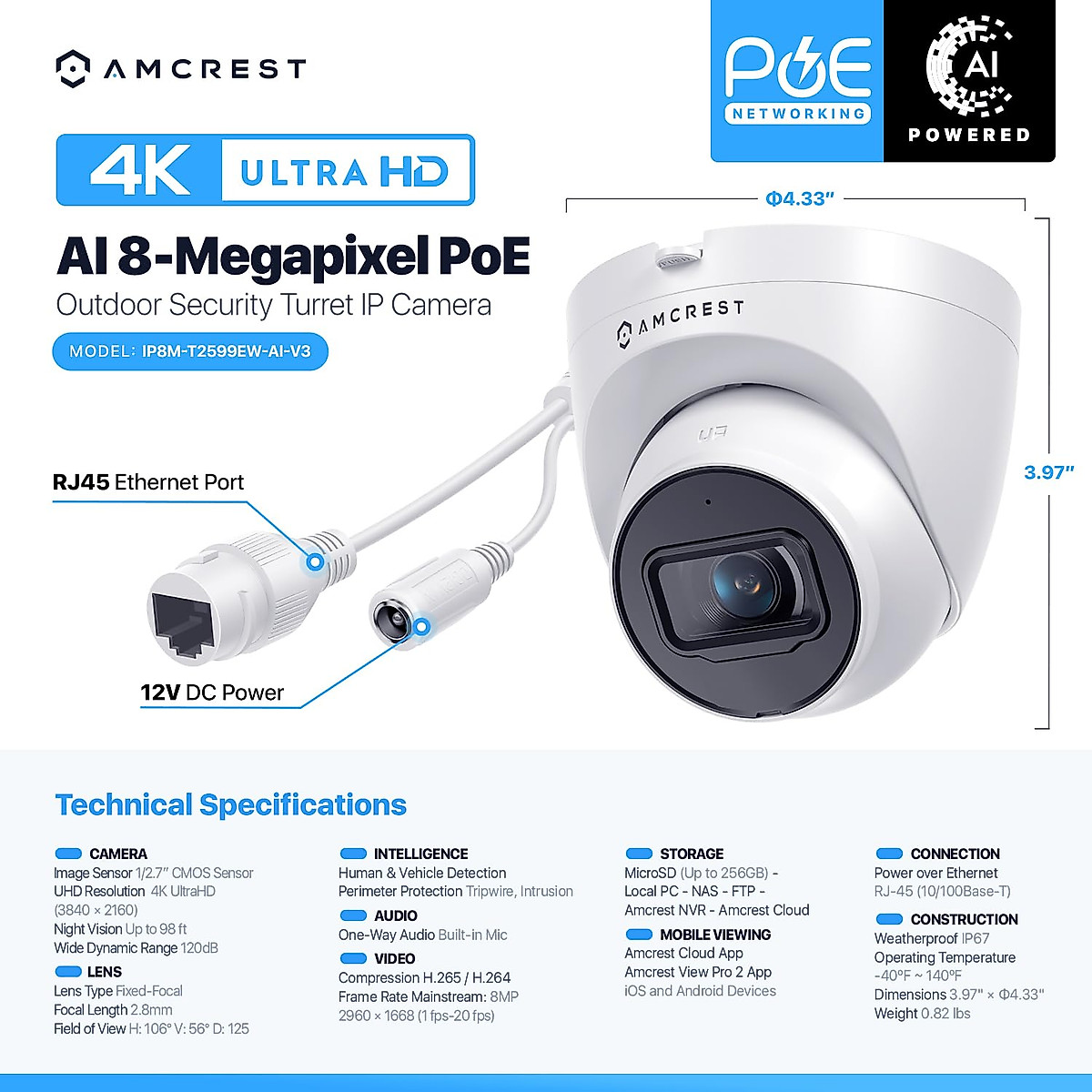 Amcrest UltraHD 4K (8MP) Outdoor Security IP Turret PoE Camera, 3840x2160, 98ft NightVision, 2.8mm Lens, IP67 Weatherproof, MicroSD Recording (256GB), White