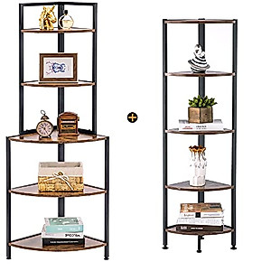 Apicizon 5 Tier Corner Shelf Set of 2, Industrial Corner Bookshelf with Metal Frame, Rustic Corner Storage Rack Shelves Display Plant Flower, Stand Bookcase for Home Office, Small Place, Kitchen