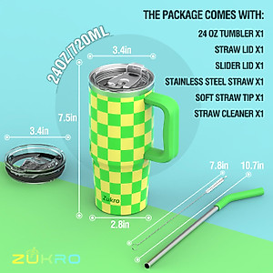 Zukro 24 oz Tumbler with Handle and Straw, Triple-wall Vacuum Insulated Coffee Travel Mug with 2 Lids For Hot/Cold Drinks, No Sweat Stainless Steel Cup for Home/Office, Dishwasher Safe, Yellow Checker