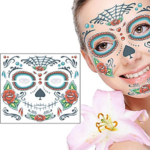 4 Pack Day of the Dead Sugar Skull Face Temporary Tattoo Halloween Makeup Tattoo Stickers for Halloween Masquerade Party(Floral, Red Roses,Black and Floral Skeleton)
