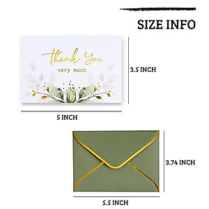 Winoo Design 100 PK Luxurious Gold Thank You Cards with Envelopes Bulk Sage Green - 5x3.5 Inches Wedding Thank You Notes Baby Shower Greenery Bridal Shower Small Business