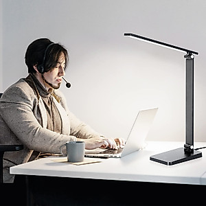 LED Desk Lamp for Home Office, 3 Levels Dimmable Desk Light with USB Charging Port, Small Study Lamp, Reading Light for Table, Black, 5000K