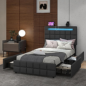 Giantex Twin Bed Frame with LED Lights and 4 Drawers, Upholstered Platform Bed Frame with USB Ports, Tufted Adjustable Headboard Design, Solid Wooden Slat Support, No Box Spring Needed