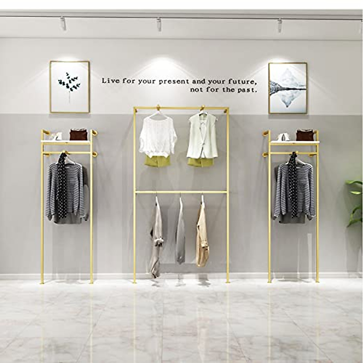 FURVOKIA Creative Wall Mounted 1 Tier Clothes Display Rack,Clothing Retail Store Floor-Standing Garment Rack,Organization Clothing Metal Hanging Rod,Storage Shoes Bags Shelf (24" L, Gold B)