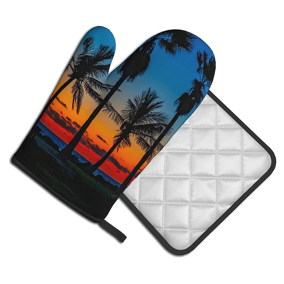 Sunset Beach Palm Tree Oven Mitts and Pot Holders Sets of 2, Non-Slip Cooking Hot Pads Washable Heat Resistant for Kitchen Microwave BBQ Baking Grilling