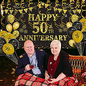 DARUNAXY 50th Wedding Anniversary Decorations, Large Happy 50th Anniversary Banner Backdrop 70 x 43 Inches, Black and Gold Party Balloons, Hanging Swirls for Indoor Outdoor Home Wall Party Supplies