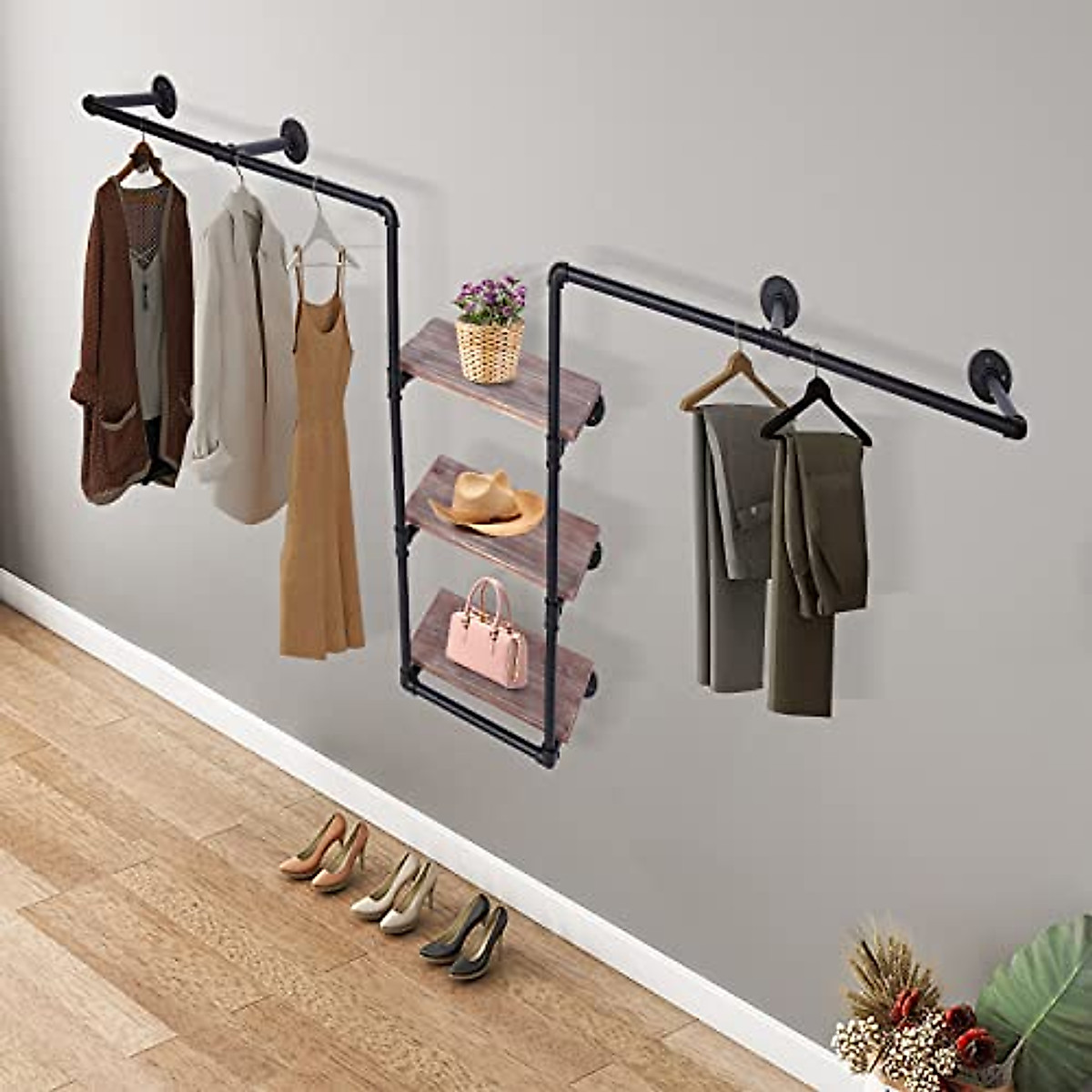VPABES Wall Mounted Clothing Storage Rack 3 Tiers Industrial Pipe Rustic Garment Hanging Bar Space-Saving Wooden Shelves Book Plant Retail Display Shelf for Boutique Store