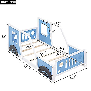 Twin Size Car Bed, Wood Floor Bed Frame with Headboard & Footboard and 4 Side Rails, Kids Racecar Bed for Boys Girls Teens, Blue