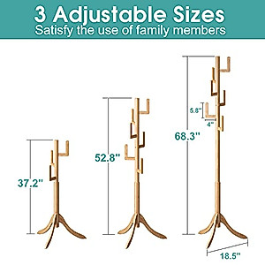 Vriccc Coat Rack Freestanding, Bamboo Cactus Coat Tree, Adjustable Height Wooden Coat Stand with 6 Hooks, kids coat rack, Used In The Bedroom Living Room, Office To Hang Clothes, Hats, Bags