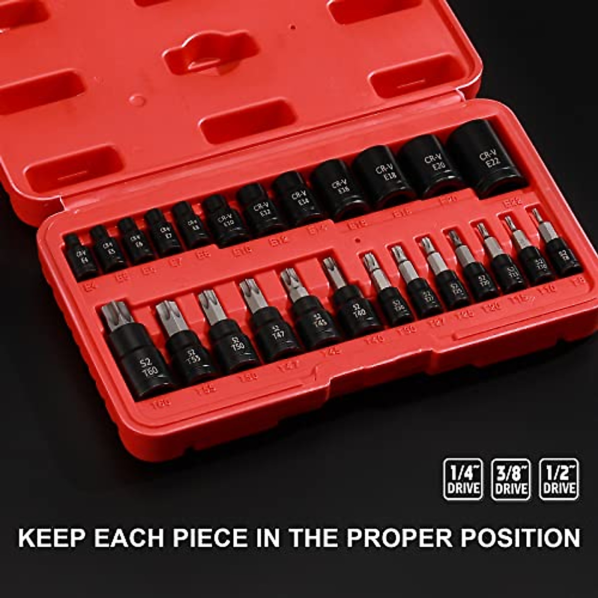 EMENTOL 25PCS Torx Bit Socket Set-Torx and External Socket Set, 1/4", 3/8" and 1/2" Drive, CR-V & S2, 13 Star Socket Bits and 12 Female E-Torx Sockets