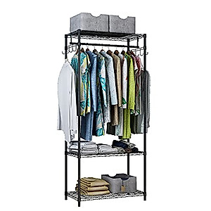 Xiofio 3 Tiers Heavy Duty Clothing Rack, Metal Garment Rack Coat Rack, Clothes Rack with 2 Side Hooks,Hanging Adjustable Garment Rack for Bedroom Living Room Laundry Room Balcony Garden,Black