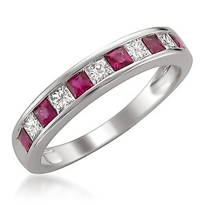 Beyond Brilliance 0.55 Carat Diamond, Channel-Set 14K White Gold Princess Cut Diamond and Red Ruby Wedding Band Ring (H-I, I1-I2) Natural Diamond Wedding Band For Women | Gift Box Included Size-4