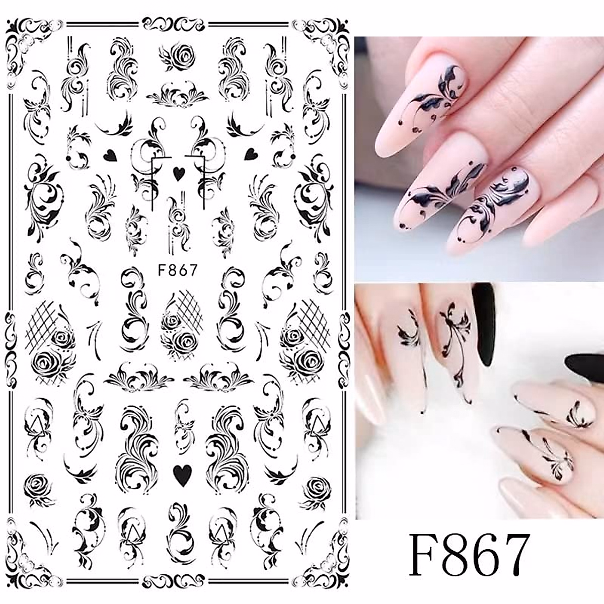 10 Sheets Spring Flower Nail Art Stickers Decals Self-Adhesive Pegatinas Uñas Black White Blossom Nail Supplies Nail Art Design Decoration Accessories