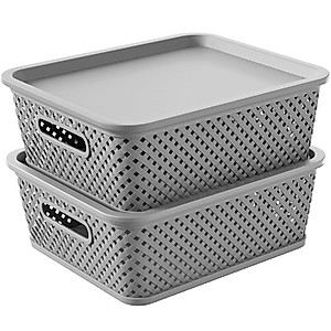 MaxGear Organization and Storage, Plastic Storage Bins Organizer Bins, Woven Baskets for Storage, Plastic Baskets with Lid Storage Baskets for Organizing, Basket Organizer, Large, Grey, 2 Packs