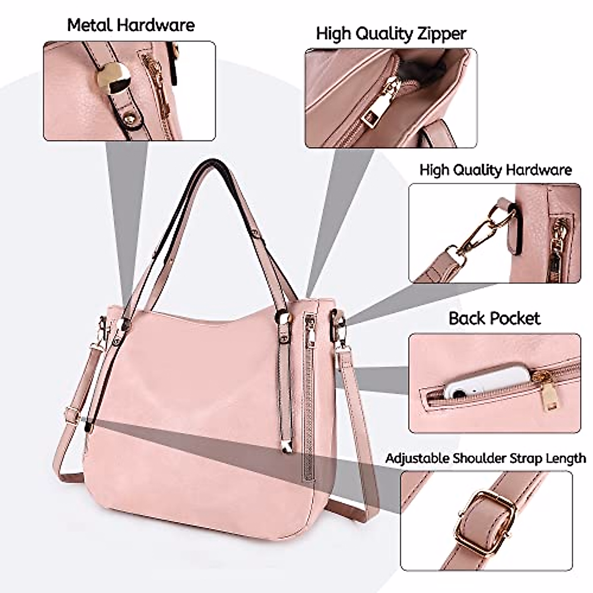 Women Handbag Vegan Leather Fashion Hobo Bag Large Capacity and Handbags with Adjustable Straps
