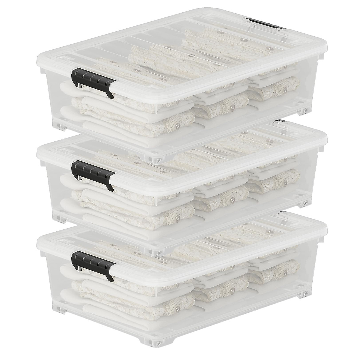 Ponpong 52 Quart Large Plastic Underbed Latching Storage Box, Clear Wheeled Under Bed Storage Bins, 3 Packs