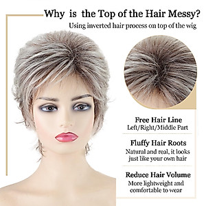 TISHINING Layered Short Blonde Pixie Wigs for White Women Dark Brown Ombre Blonde Pixie Cut Wig with Bangs Synthetic Natural Looking Daily Party Wig