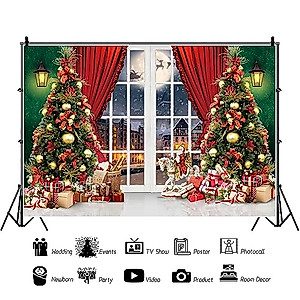 Laeacco 8x6FT Christmas Photography Backdrop Polyester Christmas Window View Red Curtain Background Xmas Trees White Horse Santa Gifts Merry Christmas Party Decor Banner Portrait Photo Studio Shoot