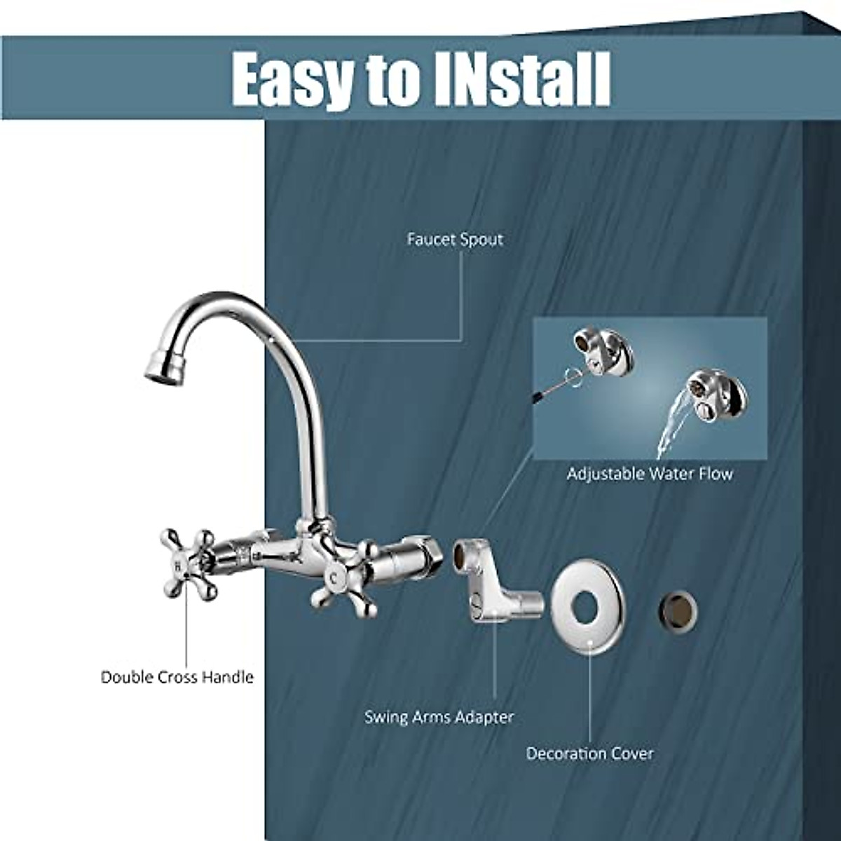 Aolemi Polish Chrome Wall Mount Kitchen Sink Faucet 3 to 9 Inch Adjustable Spread Double Cross Handle Mixer Tap