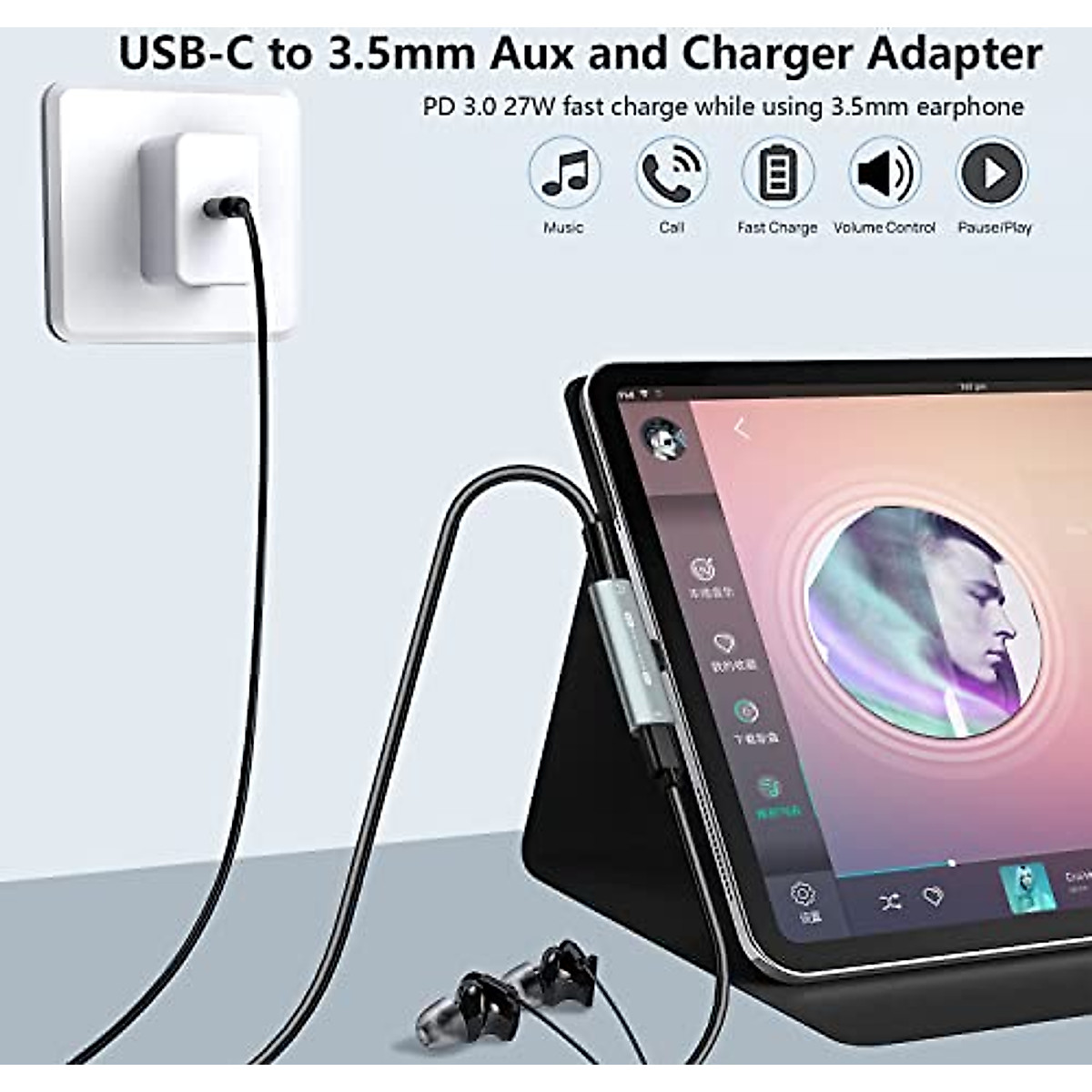 USB C to 3.5mm Audio Headphone Adapter and Charger, 2 in 1 USB C Headphone Jack HiFi DAC with 27W Fast Charging Dongle Adapter Compatible with Galaxy S23 Ultra/S22+/A53/Note 20, Pixel 7/7Pro/6/6Pro/5