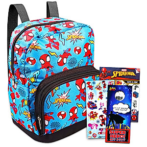 Fast Forward New York Marvel Spiderman Preschool Backpack for Kids, Toddlers - 4 Pc School Supplies Bundle with Canvas Spidey 10'' Mini Backpack, Stickers, Tattoos, and More