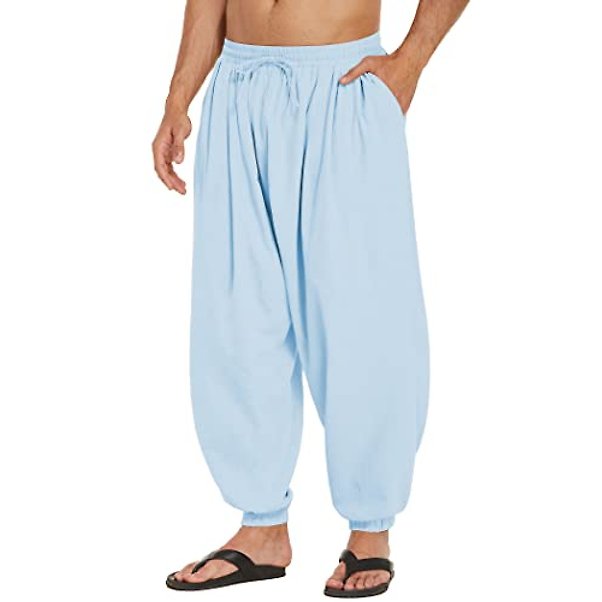COOFANDY Men's Cotton Linen Pants Wide Leg Pants Baggy Harem Pants Beach Trousers Sky Blue