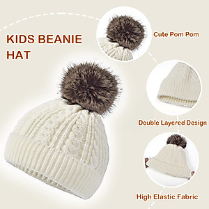 Kids Hat Gloves Scarf Set Girls Boys Winter Warm Knitted Beanie Knit Fleece Lined Neck Warmer Scarves Thick Thermal Cap with Cute Furry Pom White 3Pcs Cold Weather Snow Accessories for Children Child