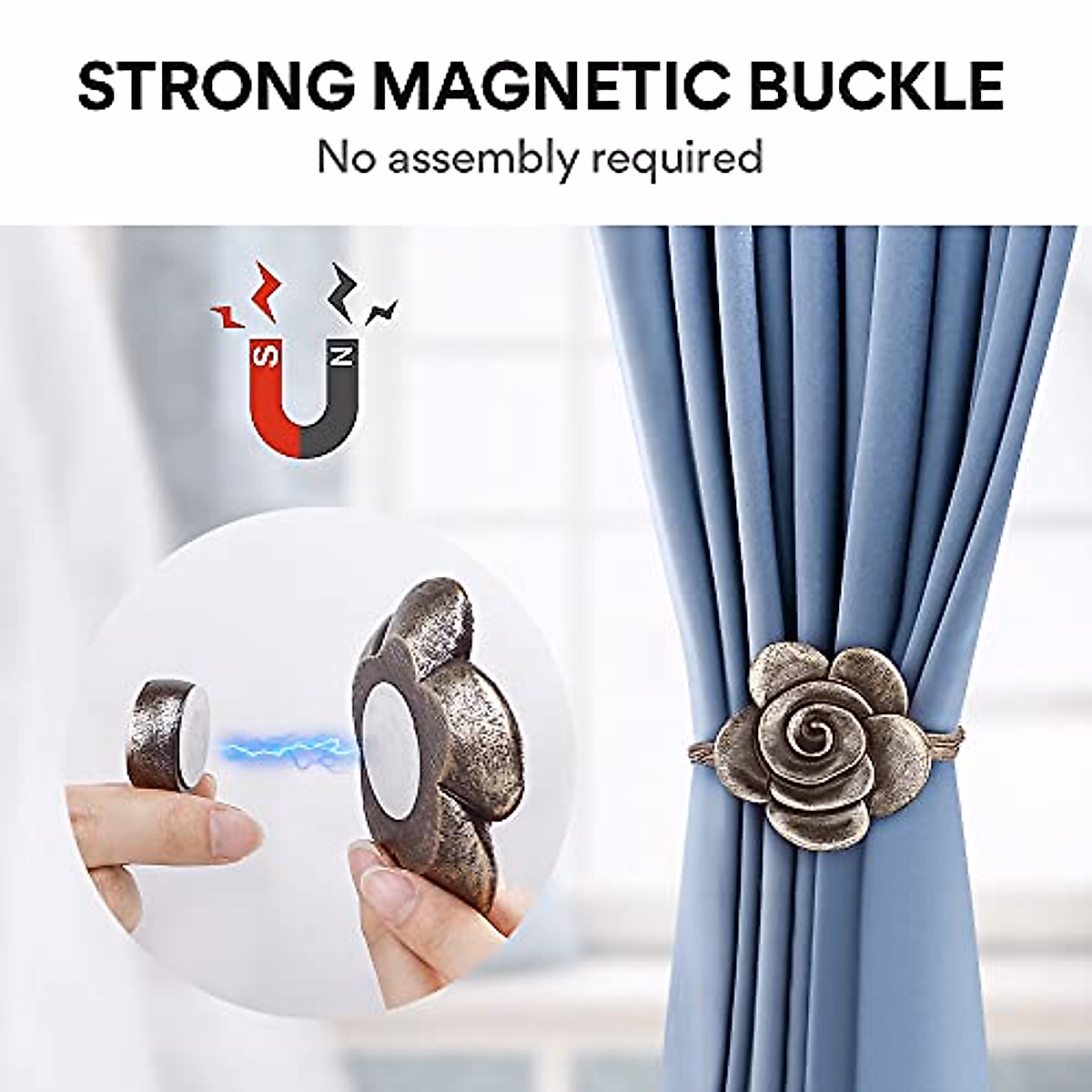 Magnetic Curtain Tiebacks, Aimou Resin Flower Curtain Ties, Vintage Curtain Drapery Holdbacks, Magnetic Window Drapery Decorative Holders with Rope for Outdoor, Home, and Office(4 Pack, Bronze)