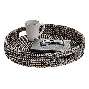 mDesign Seagrass Woven Large Decorative 18" Round Basket Serving Tray w/Built-In Handles for Kitchen, Coffee Table, Wall Decor, Ottoman; For Storage, Centerpiece Display - Black