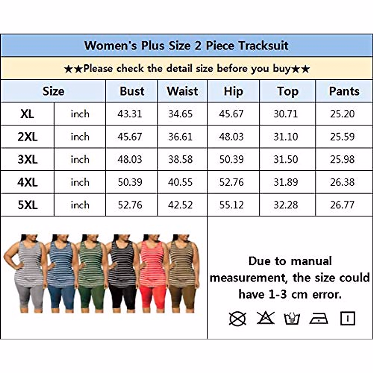 VKVKA Women's Plus Size Stripe Sets - Tank T-Shirt Tops + Elastic Shorts 2 Piece Casual Sportswear